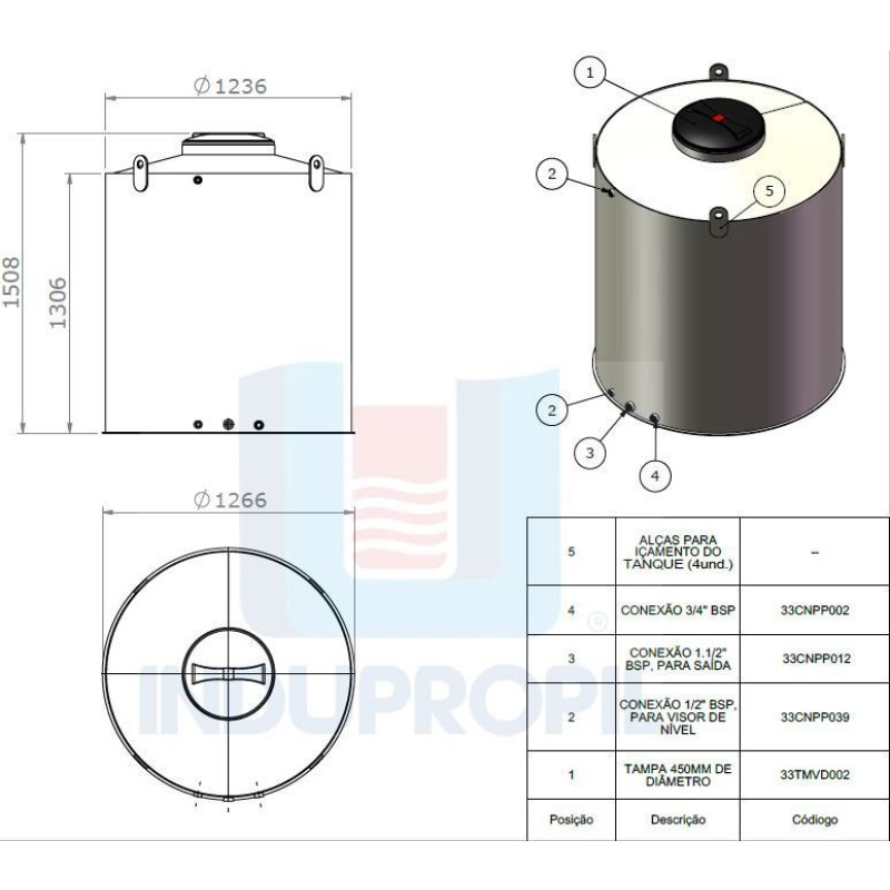 Tanque PP Cilíndrico Fundo Plano 1.500 Litros