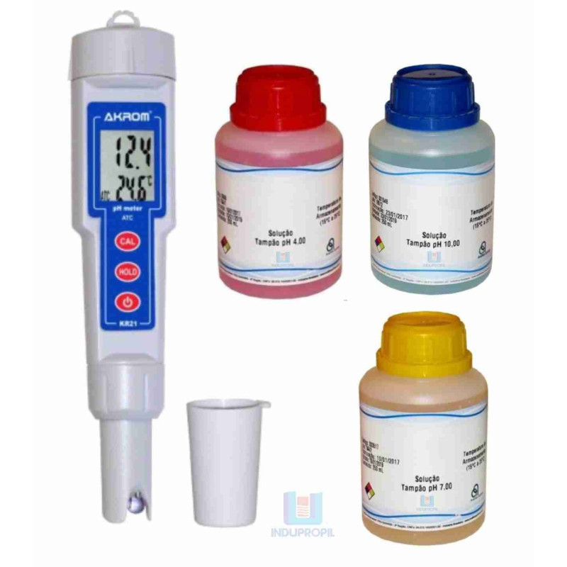 Kit Calibração Medidor PH com Medidor de PH KR21 e Soluções PH 4, 7 e 10